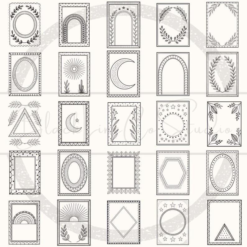 Boho Doodle Frames Clipart: Hand-drawn PNG Border Icons (digital ...