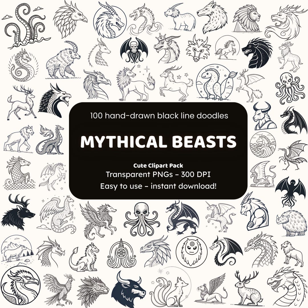 Mythical Beasts Doodle Clipart | 100 Hand-drawn Black Line Pngs | Icons ...
