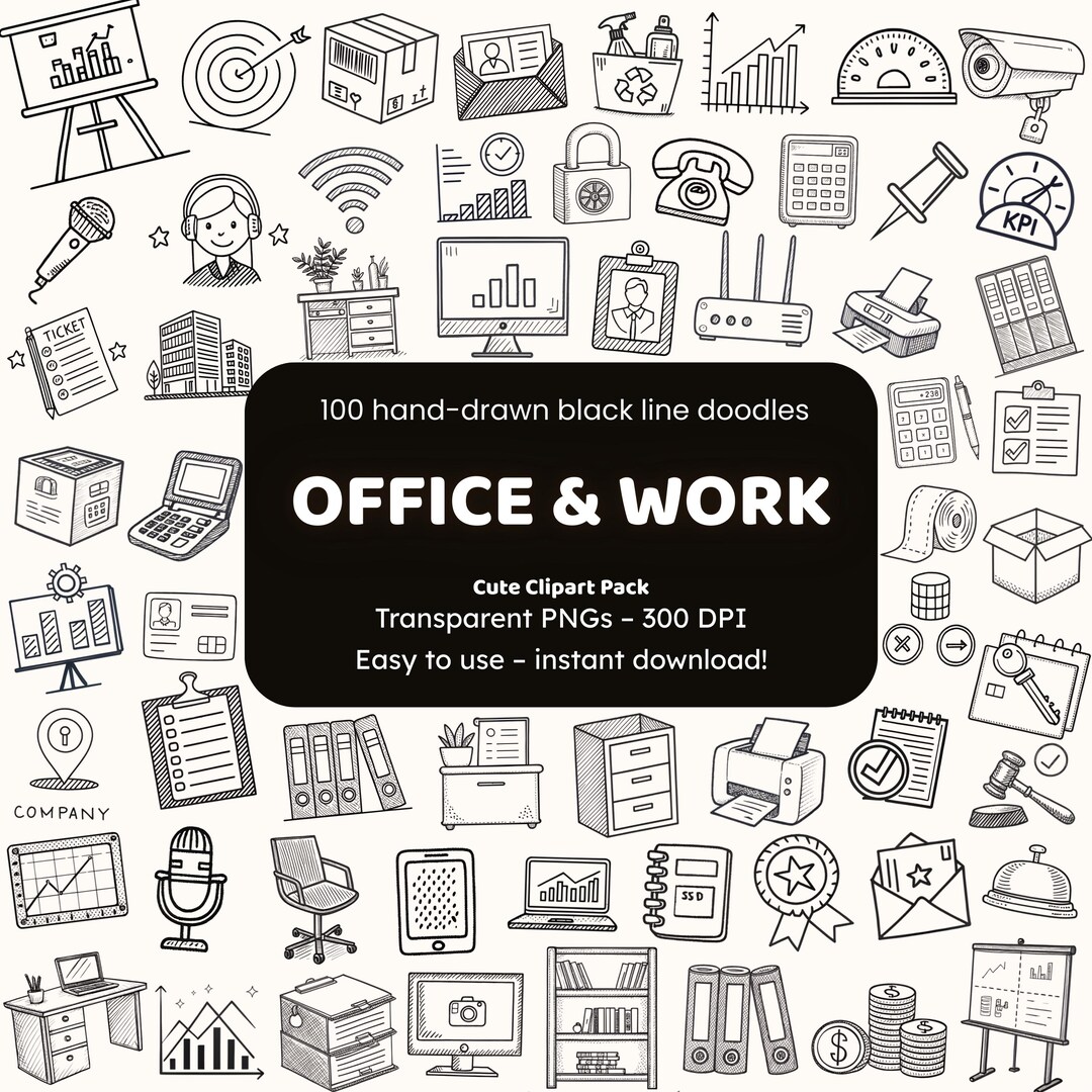 Office & Work Doodle Clipart | 100 Hand-drawn Black Line Pngs | Icons ...