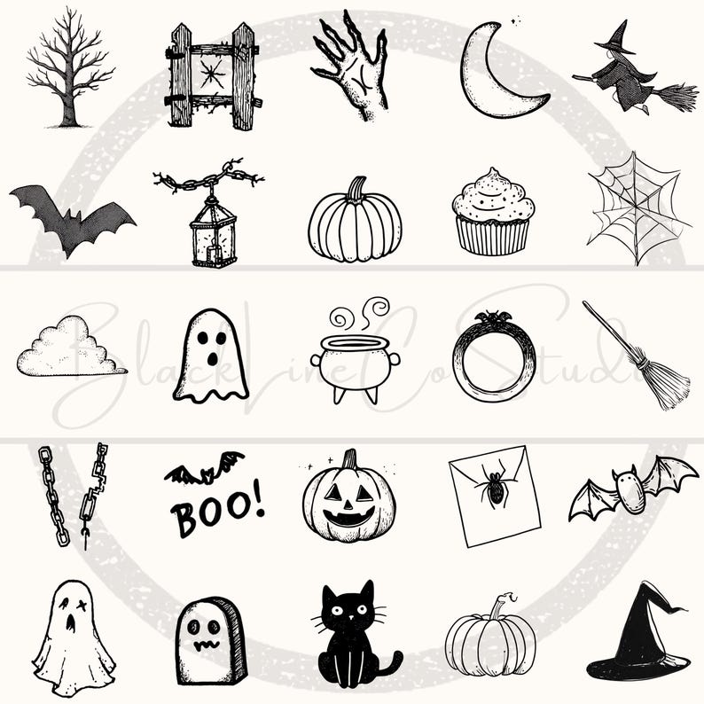 Halloween Black Line Clipart Bundle: Hand-drawn Doodles (PNG, 12x12in ...