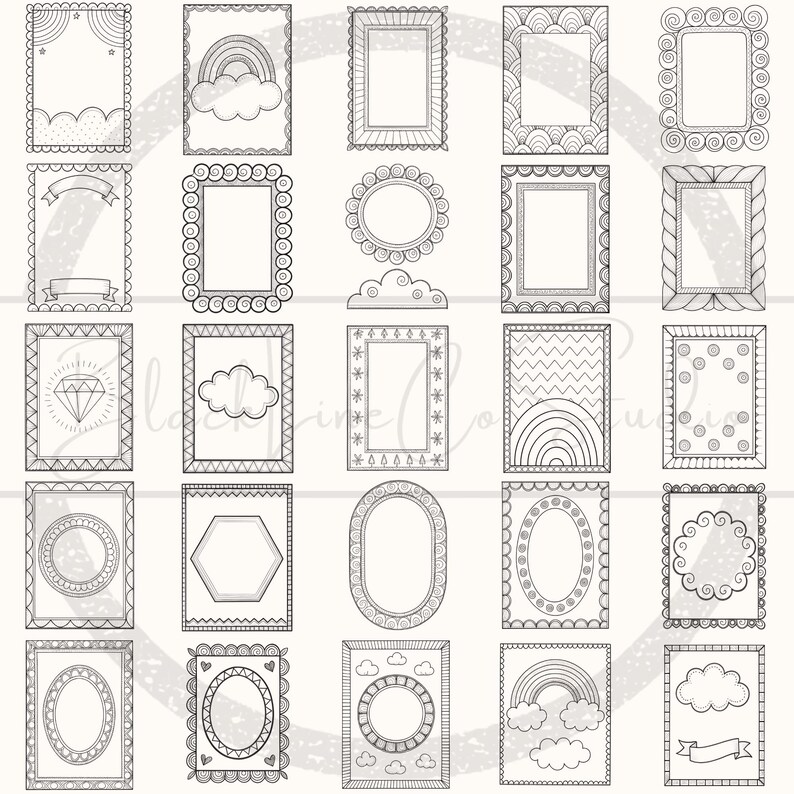 Cloud Frames Clipart: Hand-drawn Doodle Whimsical Borders (PNG Digital ...