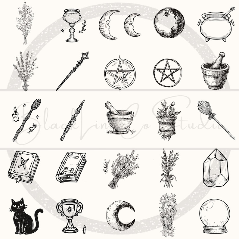 Witchy Tools Clipart: 100 Black Line Halloween Hand-drawn Doodles ...