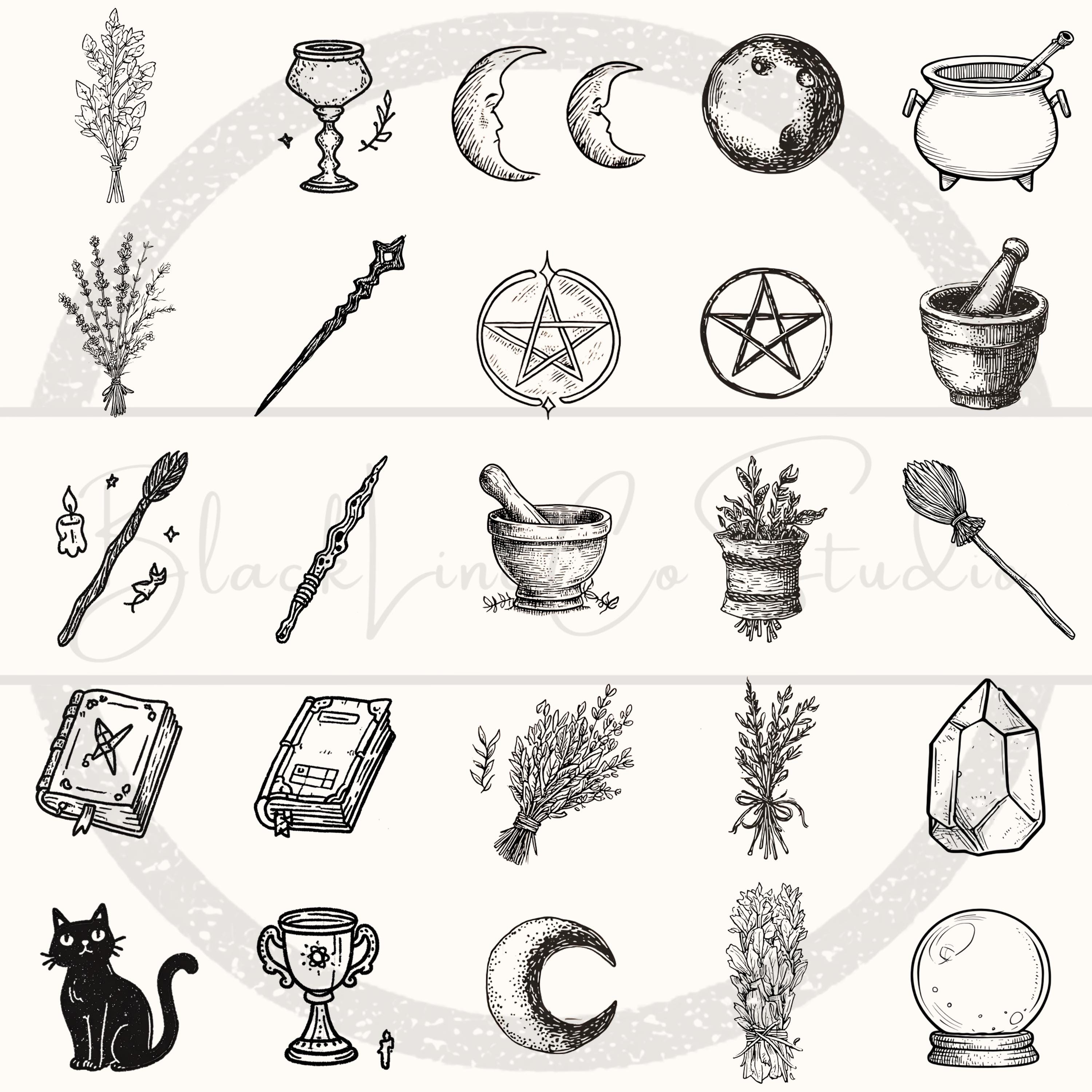 Witchy Tools Clipart: 100 Black Line Halloween Hand-drawn Doodles ...