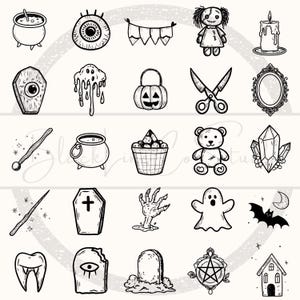 Halloween Black Line Clipart Bundle: Hand-drawn Doodles (PNG, 12x12in ...