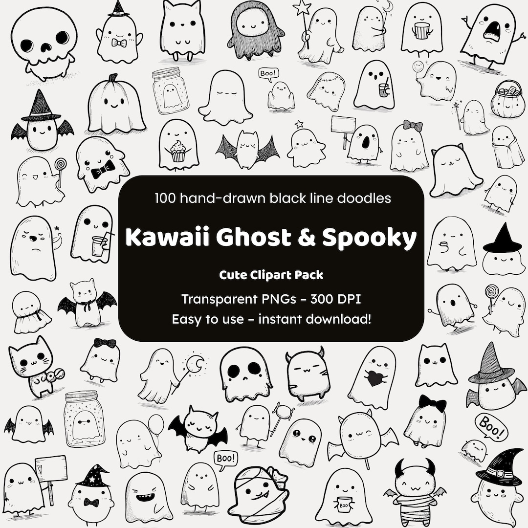 100 Kawaii Ghost & Spooky Doodles – Halloween Clipart PNG – Cute Black ...