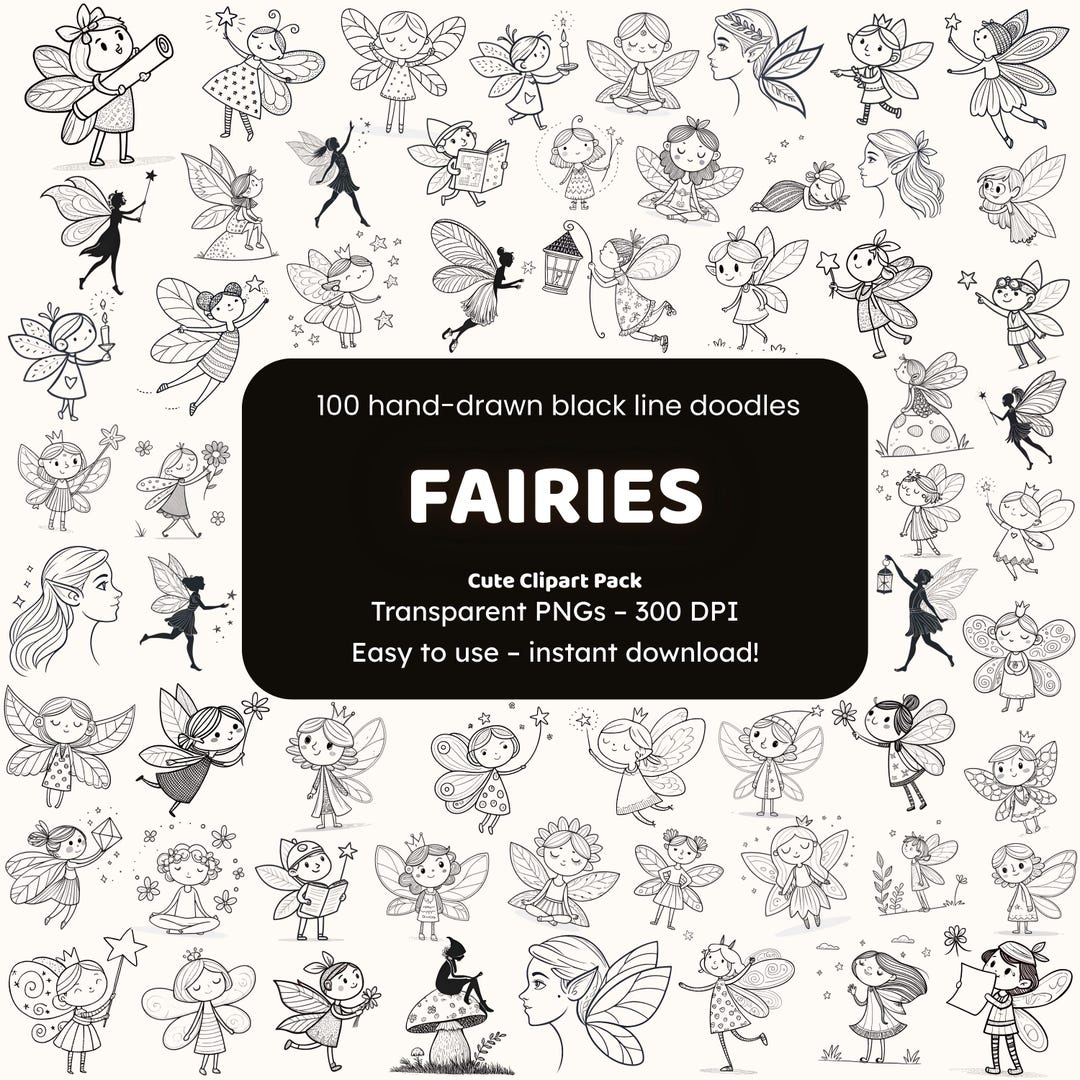 Fairies Doodle Clipart | 100 Hand-drawn Black Line Pngs | Icons and ...
