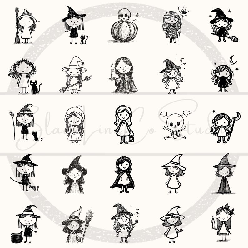 Witchy Girl Halloween Clipart Doodles: 100 Black Line Hand-drawn Pngs ...