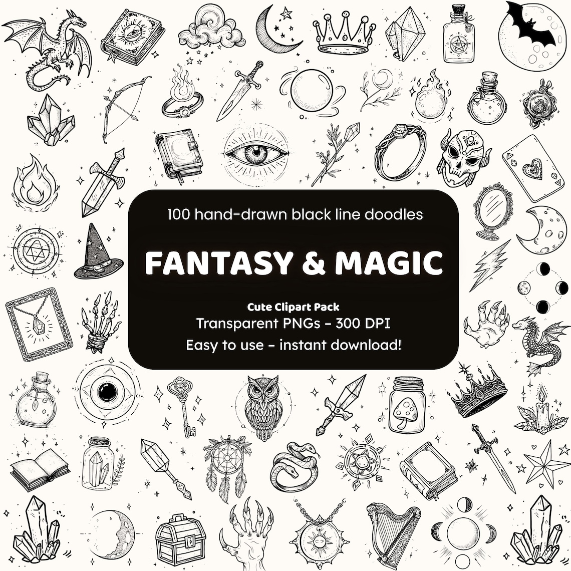 Fantasy & Magic Clipart | 100 Hand-drawn Black Line Doodles PNG | Icons ...