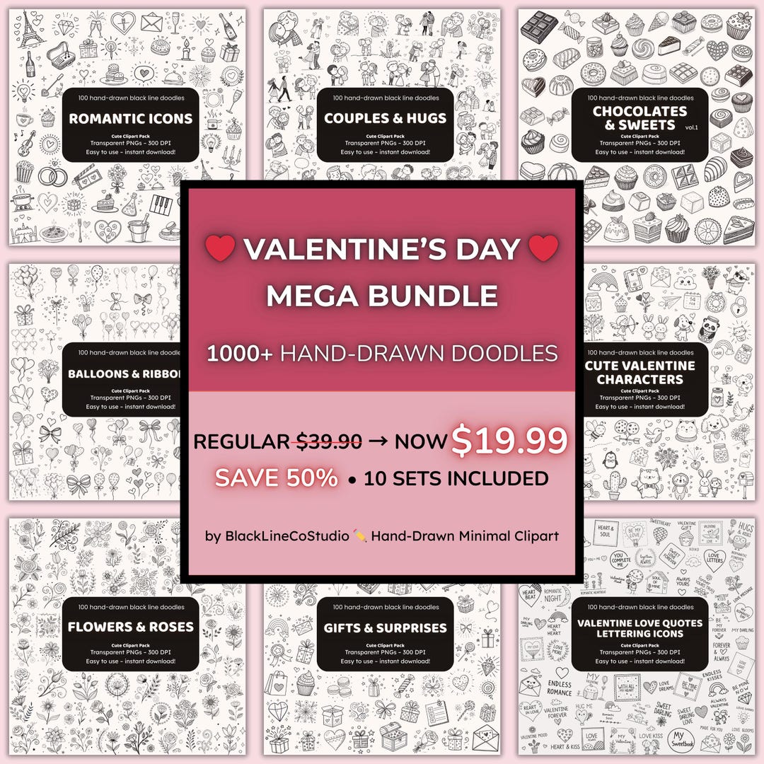 Valentine’s Day Mega Bundle | 1000+ Hand-drawn Doodle Clipart Pngs ...