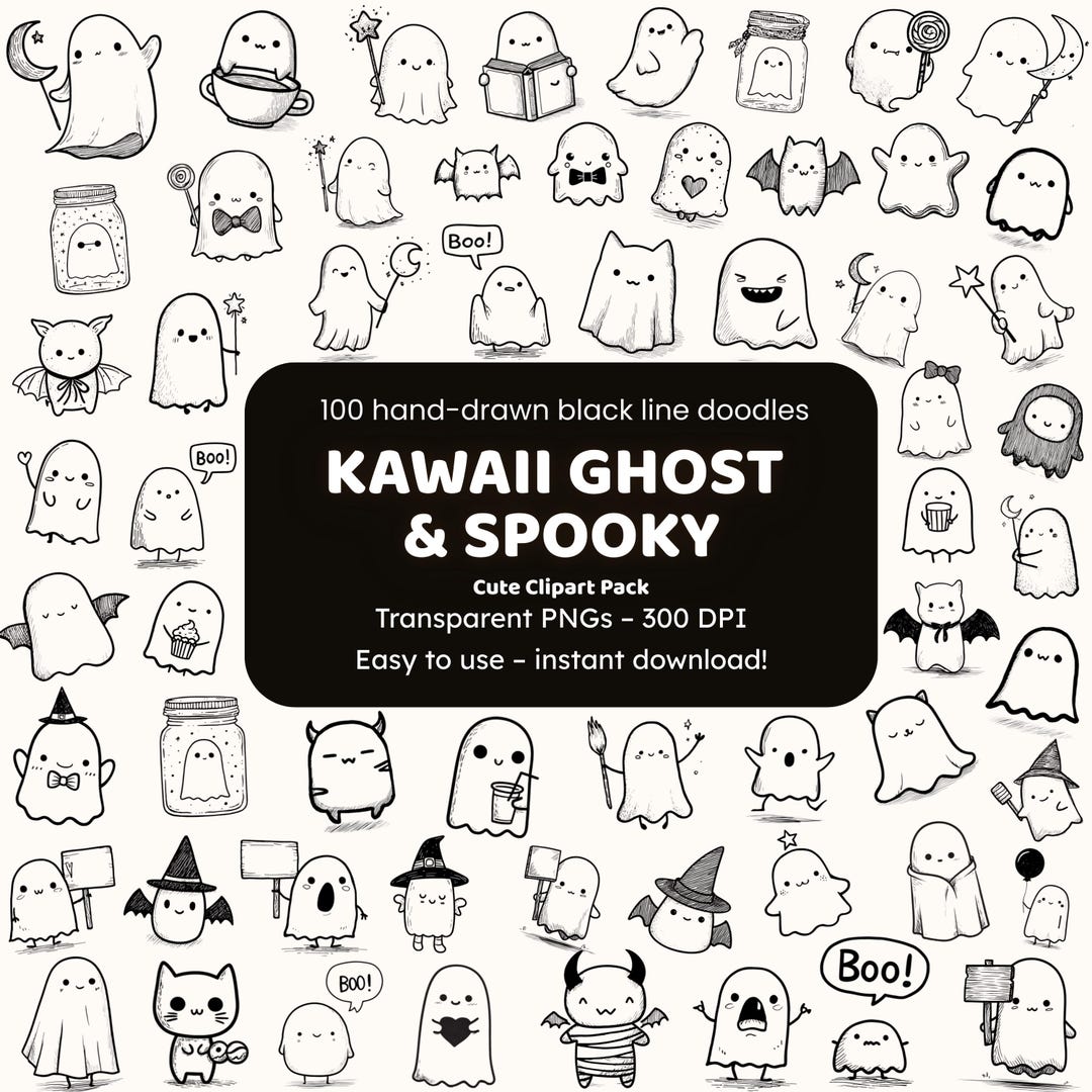 Kawaii Ghost & Spooky Doodle Clipart | 100 Hand-drawn PNG Icons | Black ...