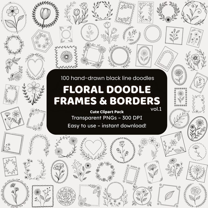 Floral Frames & Borders Doodle Clipart | 100 Hand-drawn PNG Icons ...