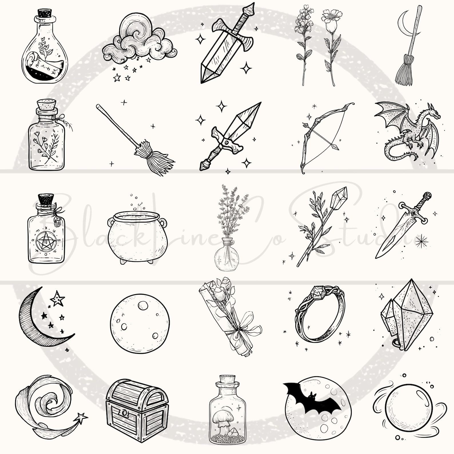 Fantasy & Magic Clipart | 100 Hand-drawn Black Line Doodles PNG | Icons ...