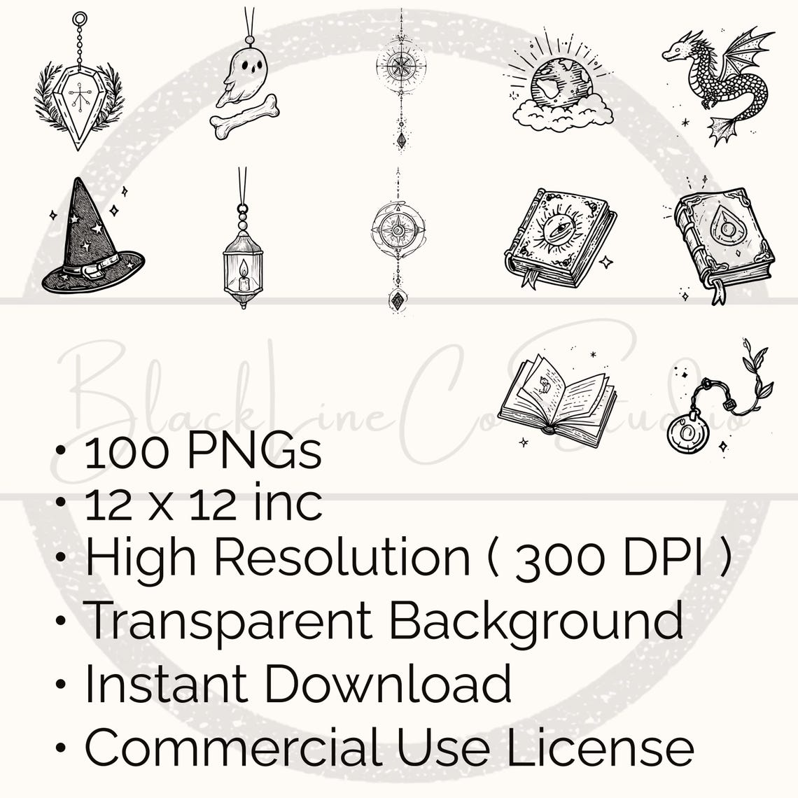 Fantasy & Magic Clipart | 100 Hand-drawn Black Line Doodles PNG | Icons ...