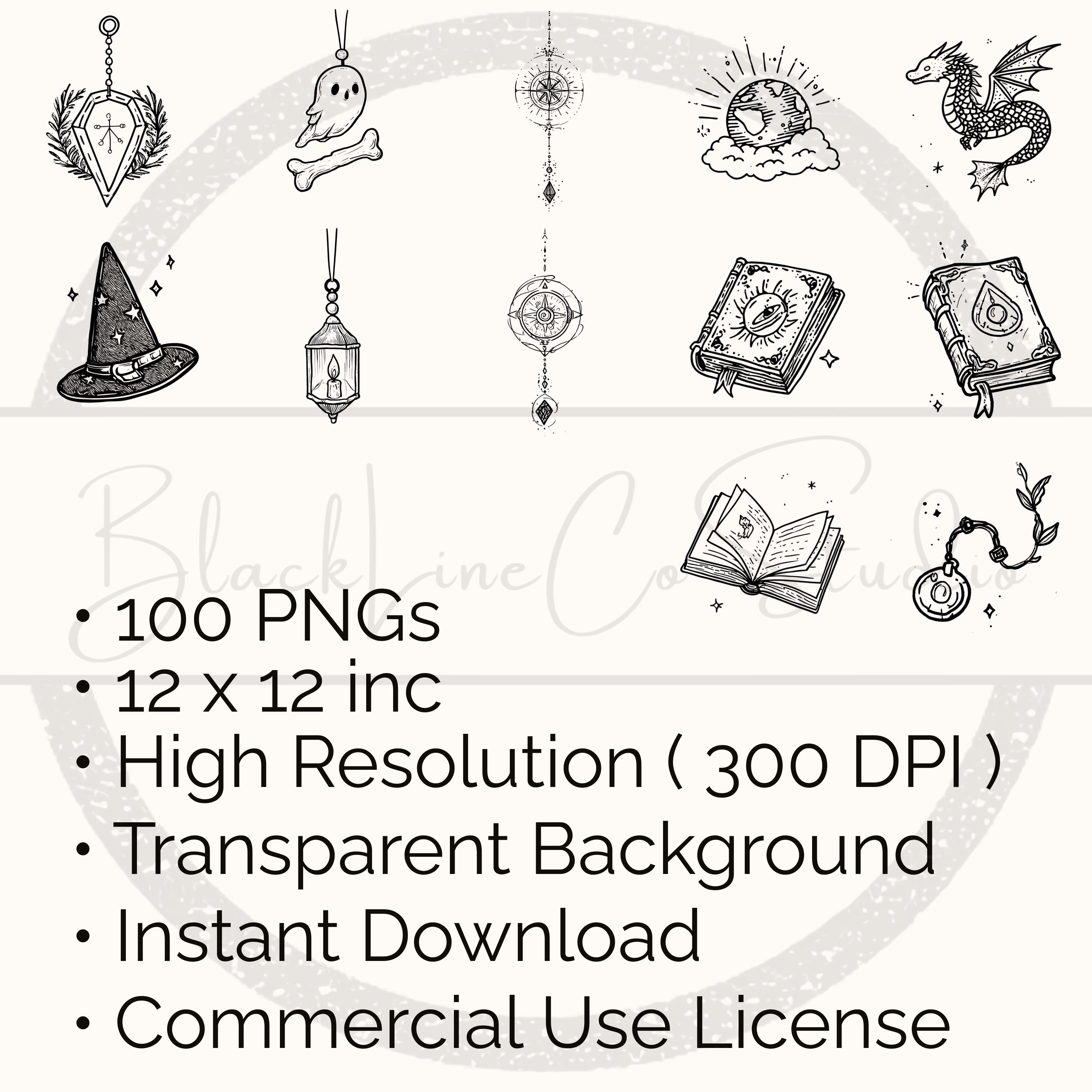 Fantasy & Magic Clipart | 100 Hand-drawn Black Line Doodles PNG | Icons ...