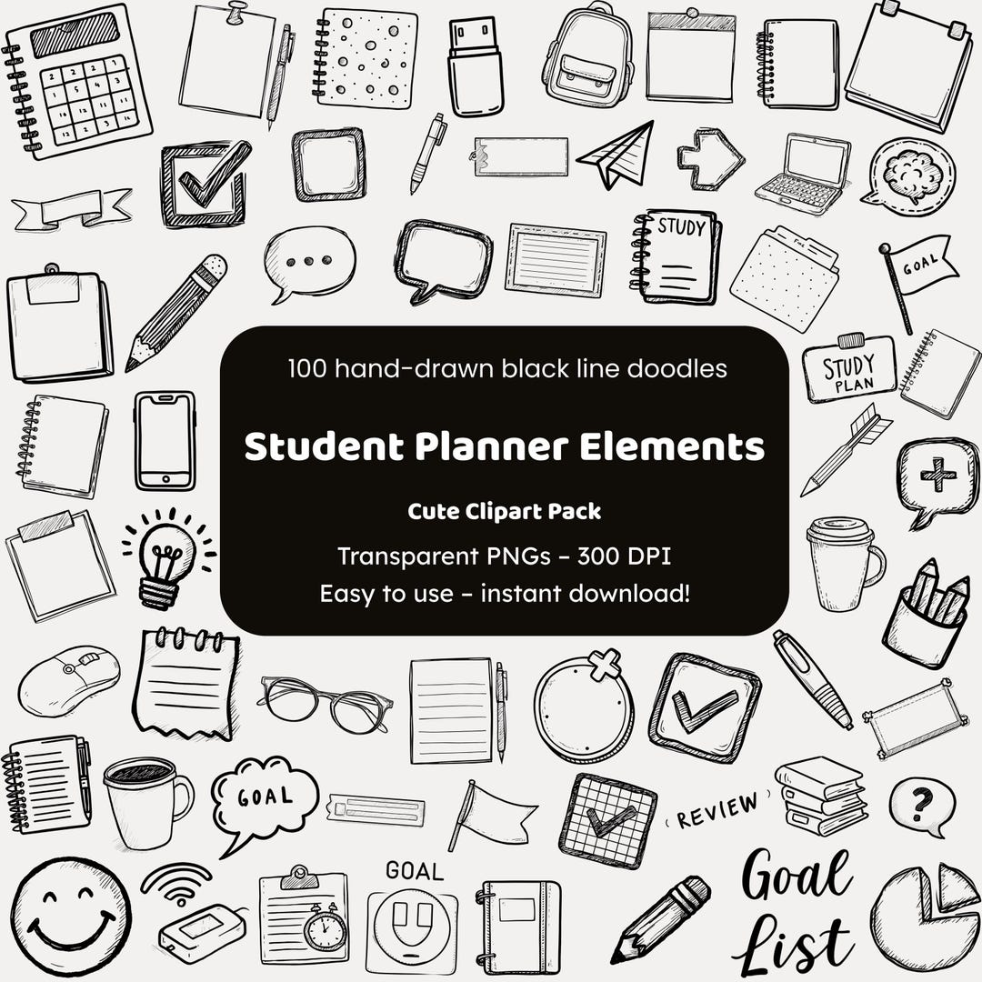 100 Student Planner Clipart PNG | Hand-drawn Black Line Doodles for ...