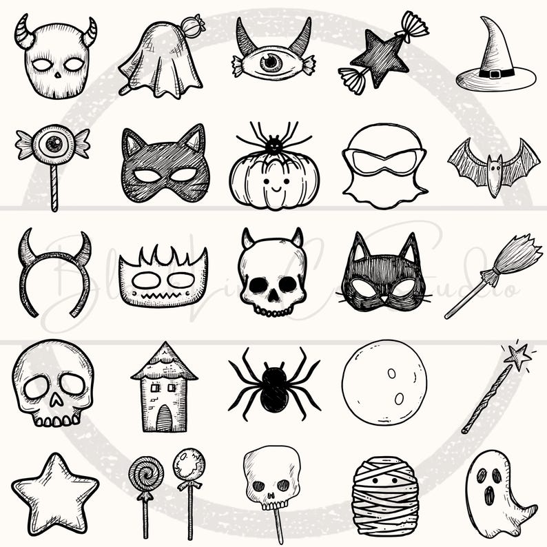 Halloween Costume Doodles Clipart: 100 Black Line Pngs (commercial Use ...