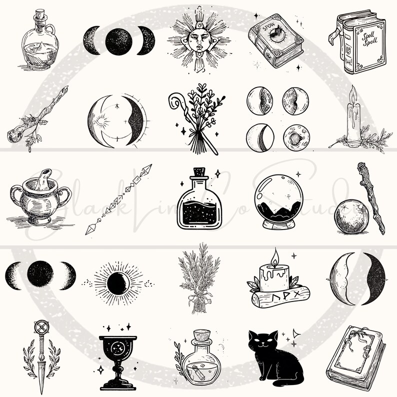Witchy Tools Clipart: 100 Black Line Halloween Hand-drawn Doodles ...