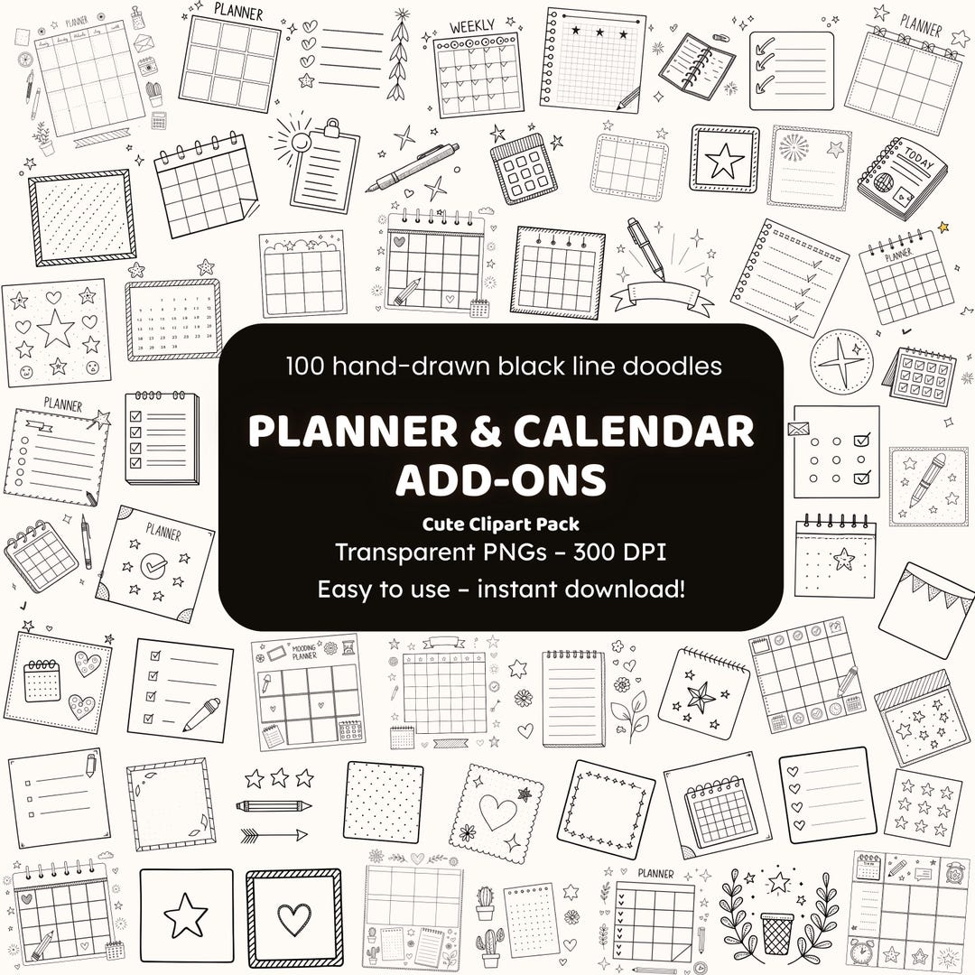 Planner & Calendar Add-ons Doodle Clipart | 100 Hand-drawn PNG Icons ...