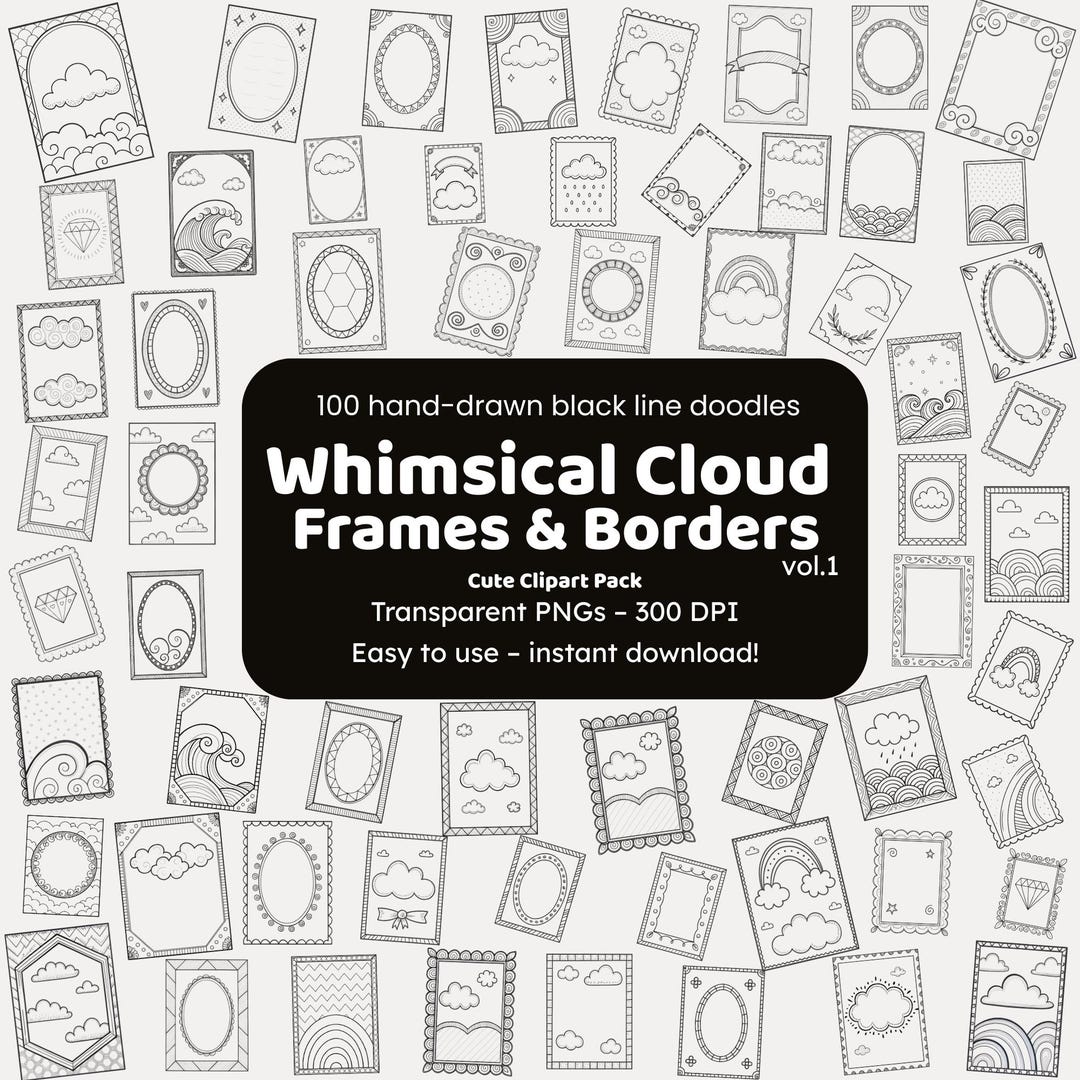 Cloud Frames Clipart: Hand-drawn Doodle Whimsical Borders (PNG Digital ...