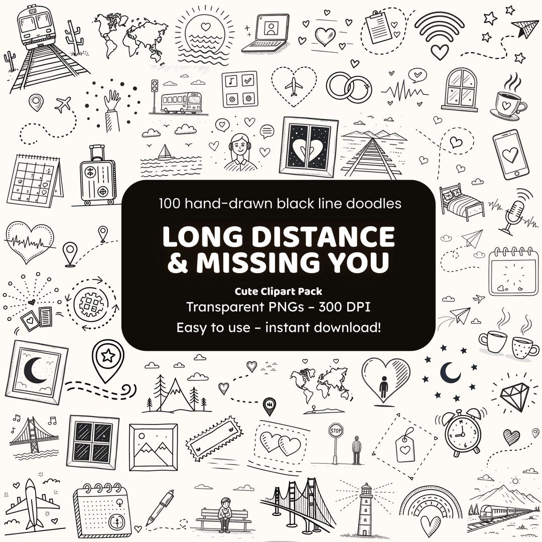 Long Distance & Missing You Doodle Clipart | 100 Hand-drawn PNG Icons ...