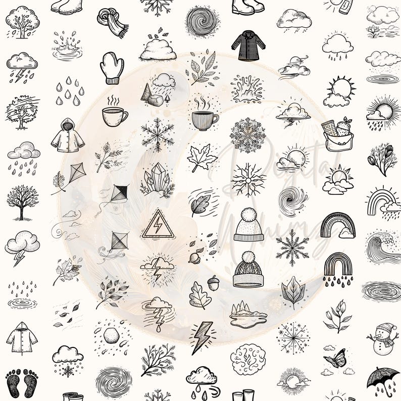 Weather Clipart PNG: 100 Hand-drawn Black Line Art for Teachers ...