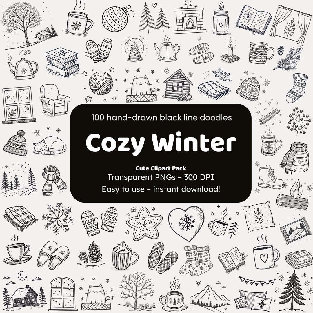 Cozy Winter Doodle Clipart | Hand-drawn Hygge Pngs (digital Download ...