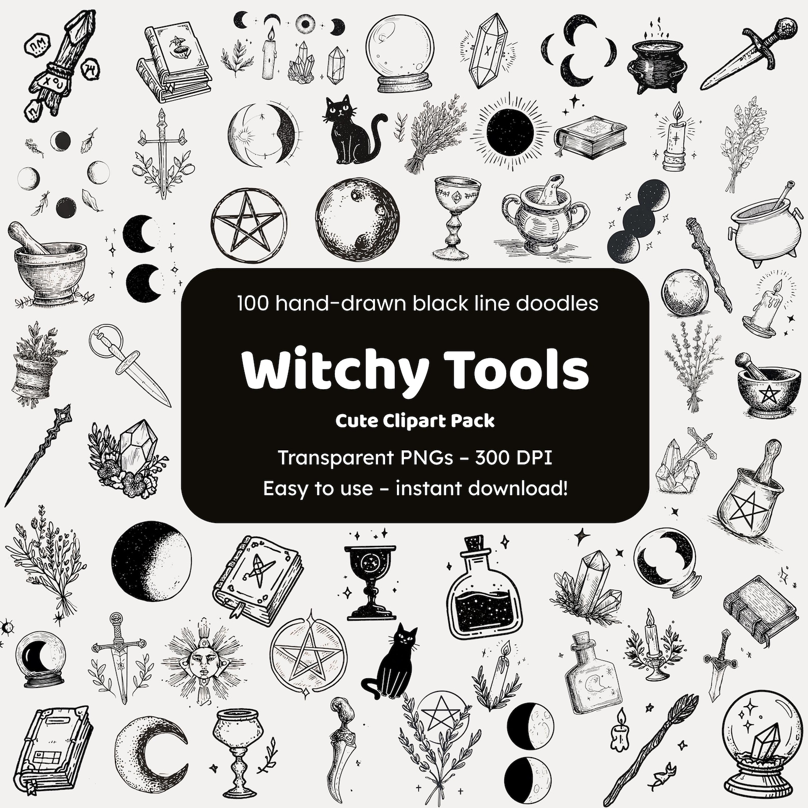 Witchy Tools Clipart: 100 Black Line Halloween Hand-drawn Doodles ...