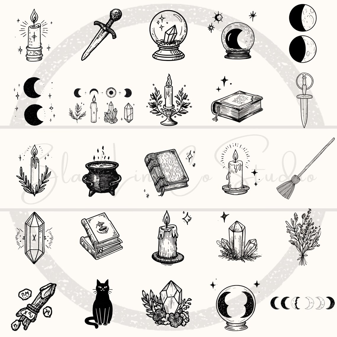 Witchy Tools Clipart: 100 Black Line Halloween Hand-drawn Doodles ...