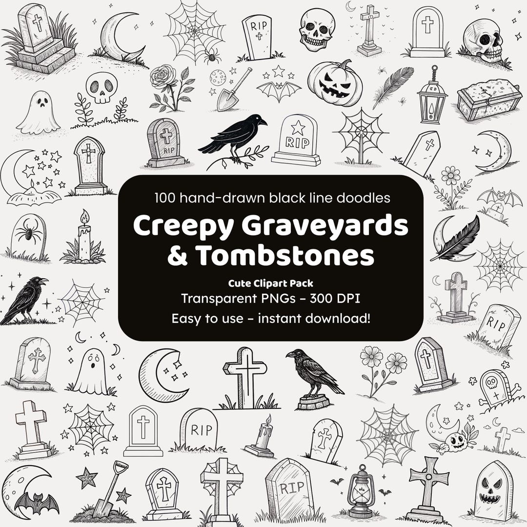 Halloween Tombstone Clipart: 100 Hand-drawn Graveyard Doodles (PNG) - Etsy