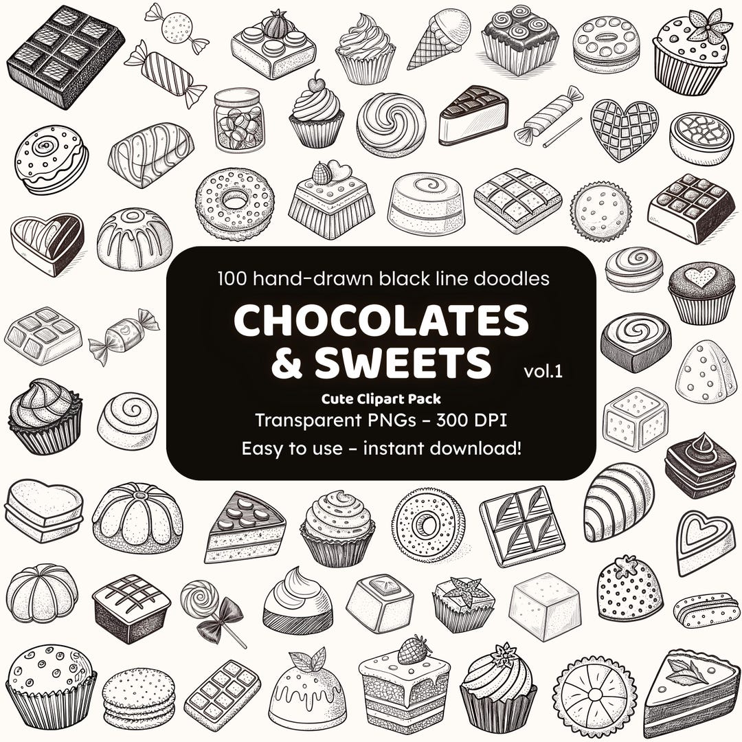 Chocolates & Sweets Doodle Clipart | 100 Hand-drawn PNG Icons | Black ...