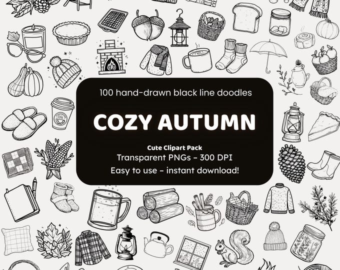 AUTUMN DOODLES Lineart Elements - 29 Png Clip Art Designs - Instant ...