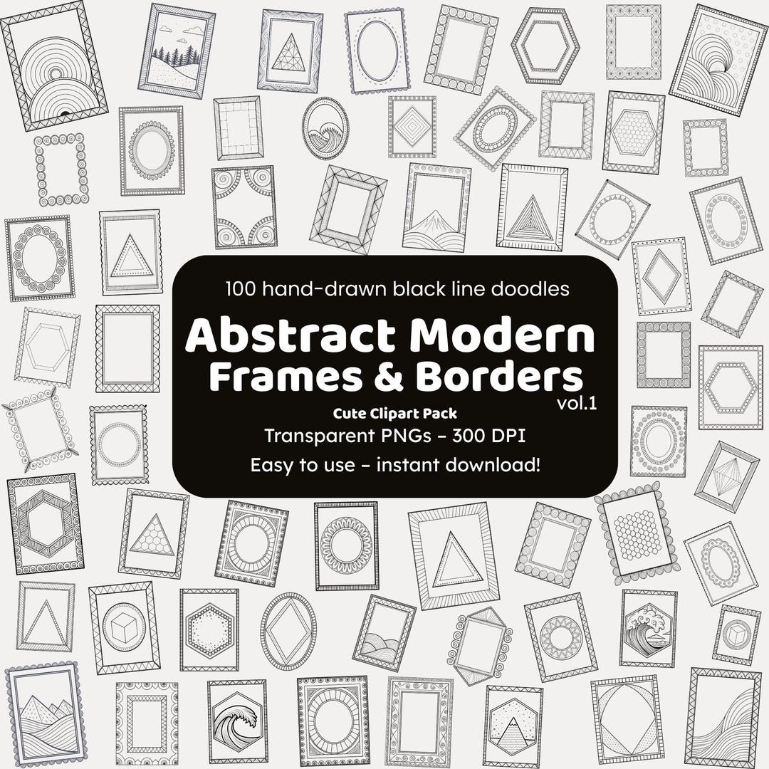 100 Abstract Modern Hand-drawn Doodle Frames & Borders: Black Line PNG ...