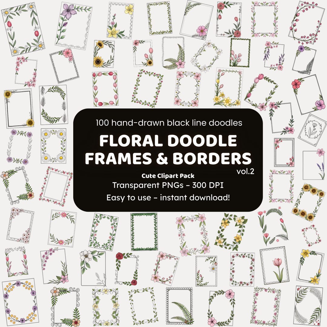 Floral Frames & Borders Doodle Clipart | 100 Hand-drawn PNG Icons ...