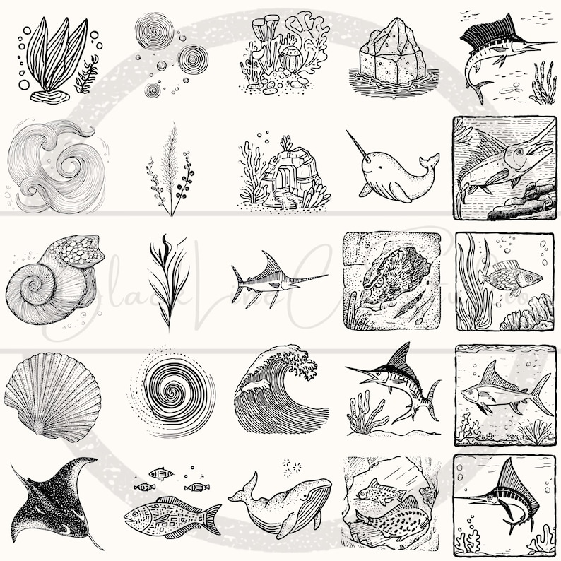 Ocean & Marine Life Clipart | 100 Hand-drawn Black Line Doodles PNG ...