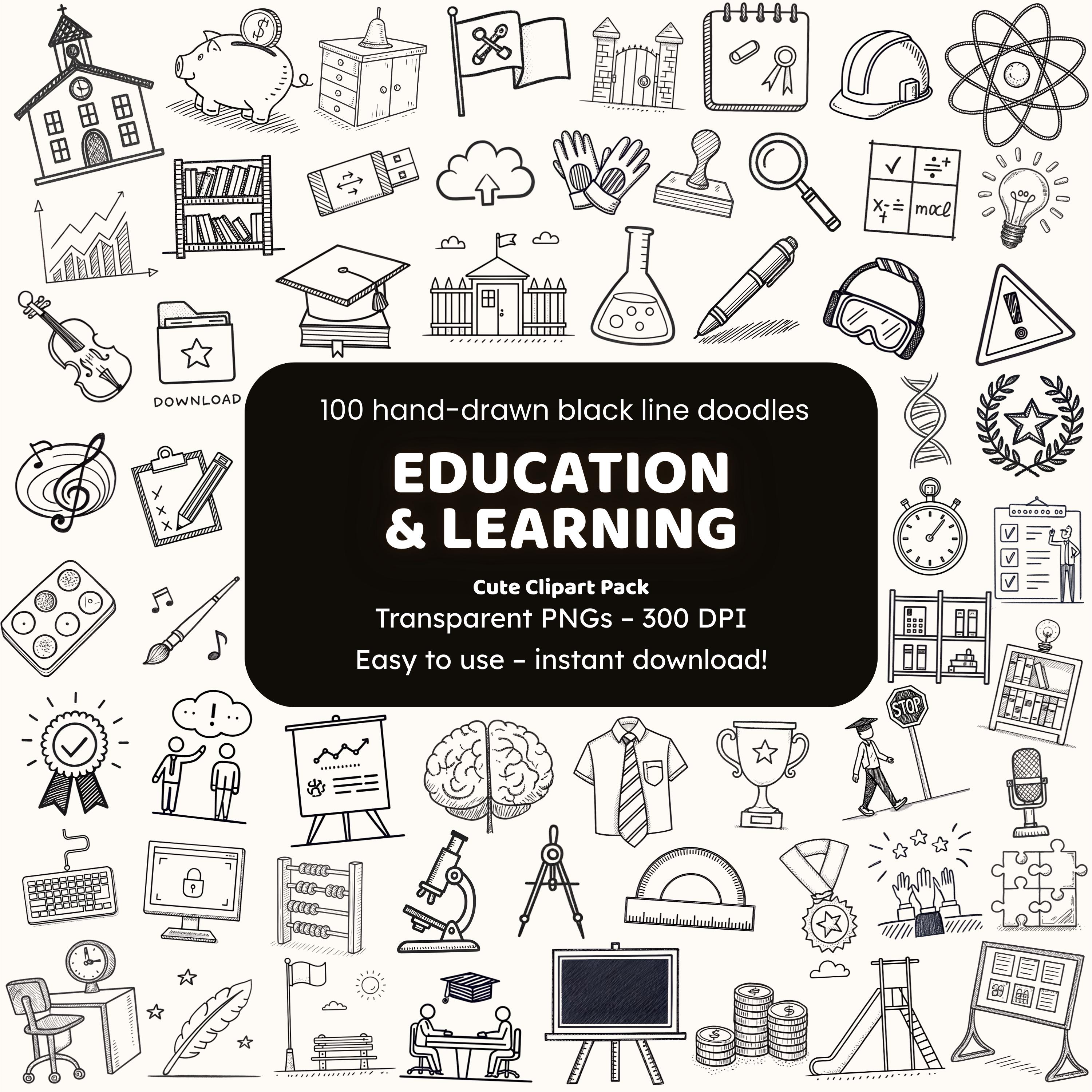 Education & Learning Doodle Clipart | 100 Hand-drawn Black Line Pngs ...