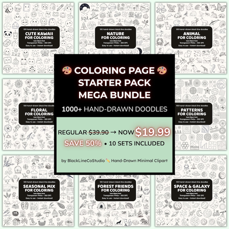 Coloring Page Starter Pack Mega Bundle | 1000+ Hand-drawn Doodle ...