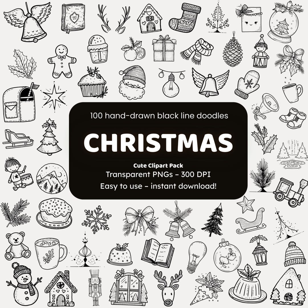 Christmas Doodle Clipart | 100 Hand-drawn PNG Icons | Black Line Art ...