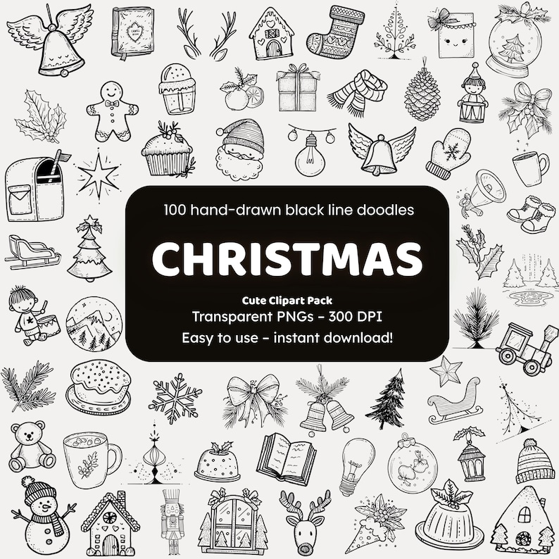 Christmas Doodle Clipart | 100 Hand-drawn PNG Icons | Black Line Art ...