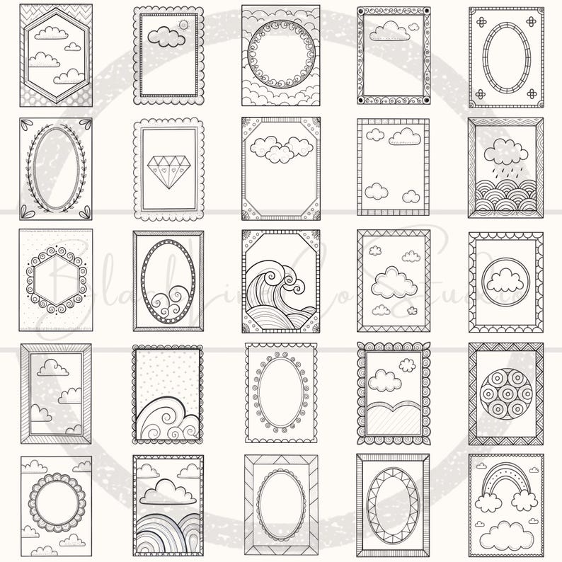 Cloud Frames Clipart: Hand-drawn Doodle Whimsical Borders (PNG Digital ...