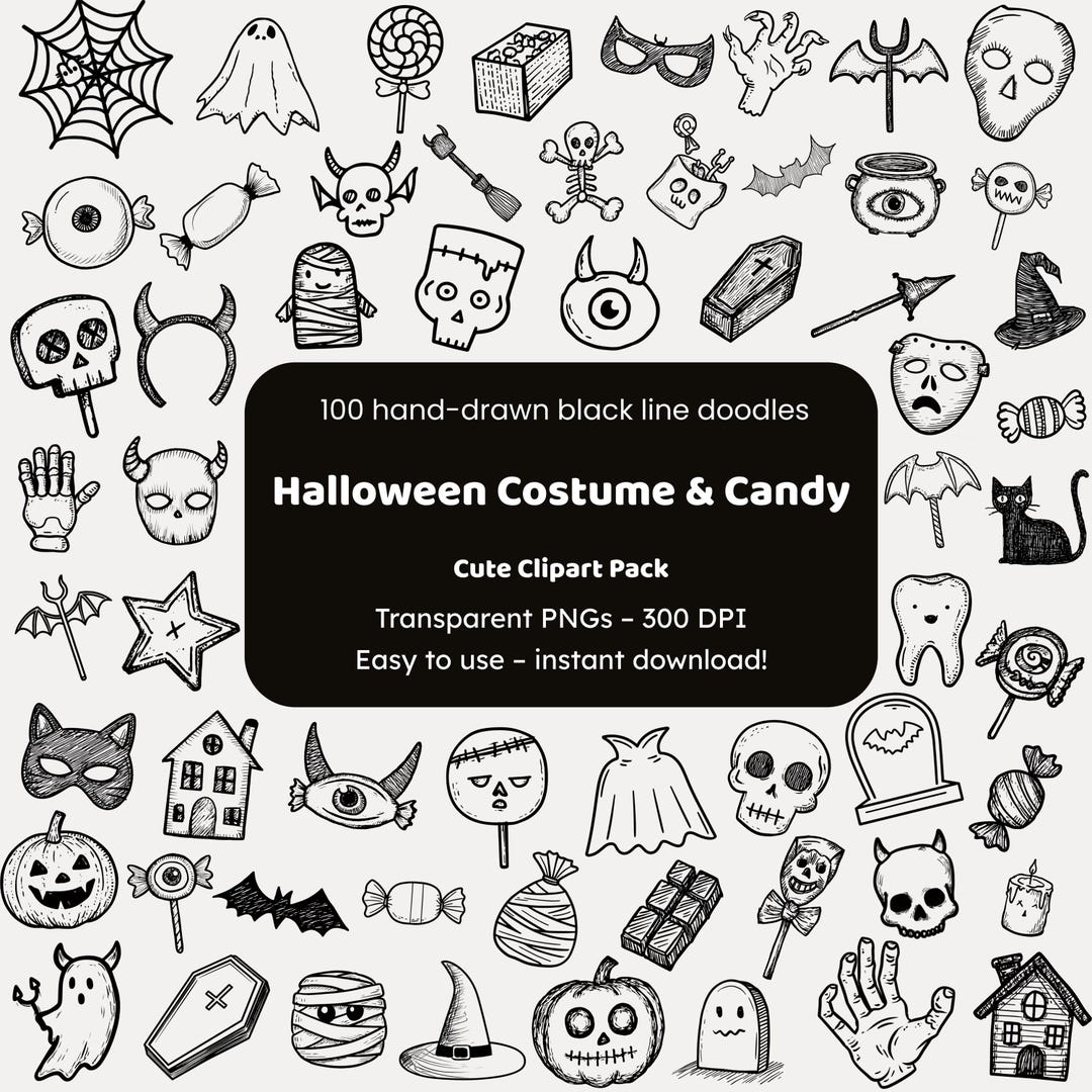 Halloween Costume Doodles Clipart: 100 Black Line Pngs (commercial Use ...