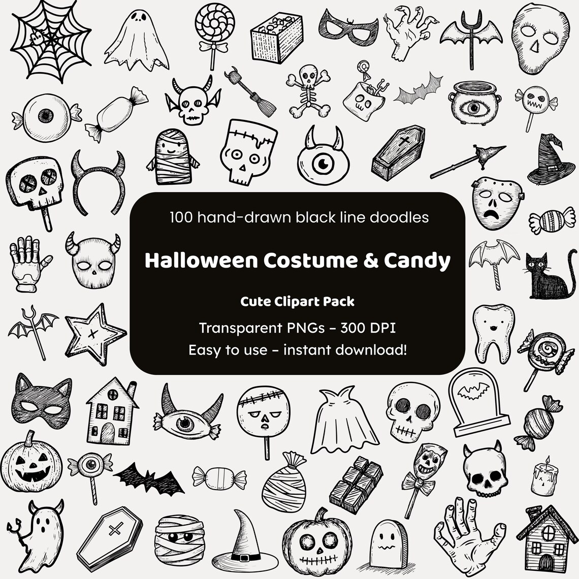 Halloween Costume Doodles Clipart: 100 Black Line Pngs (commercial Use ...