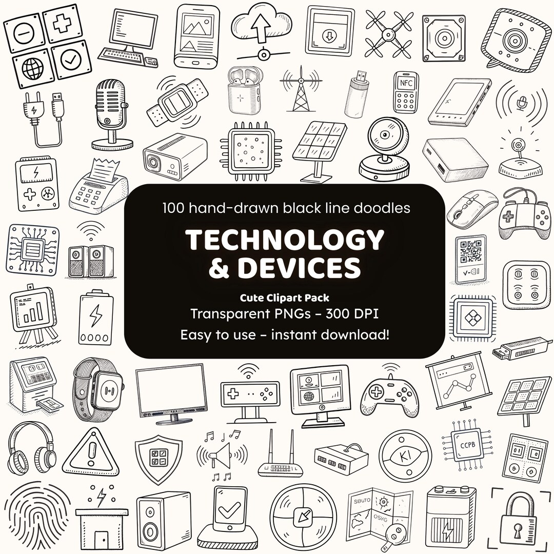Technology & Devices Doodle Clipart | 100 Hand-drawn Black Line Pngs ...