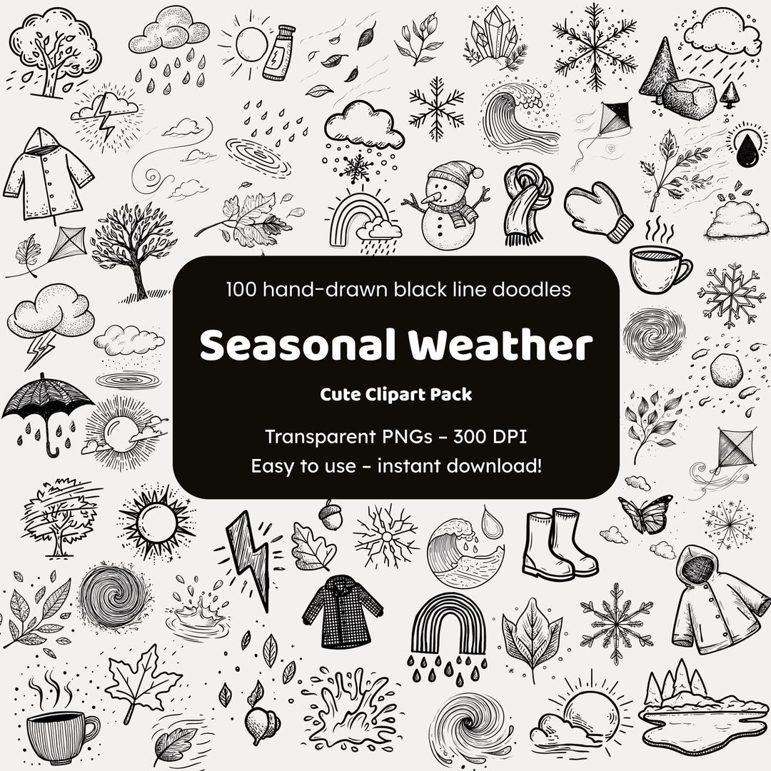 Weather Clipart PNG: 100 Hand-drawn Black Line Art for Teachers ...