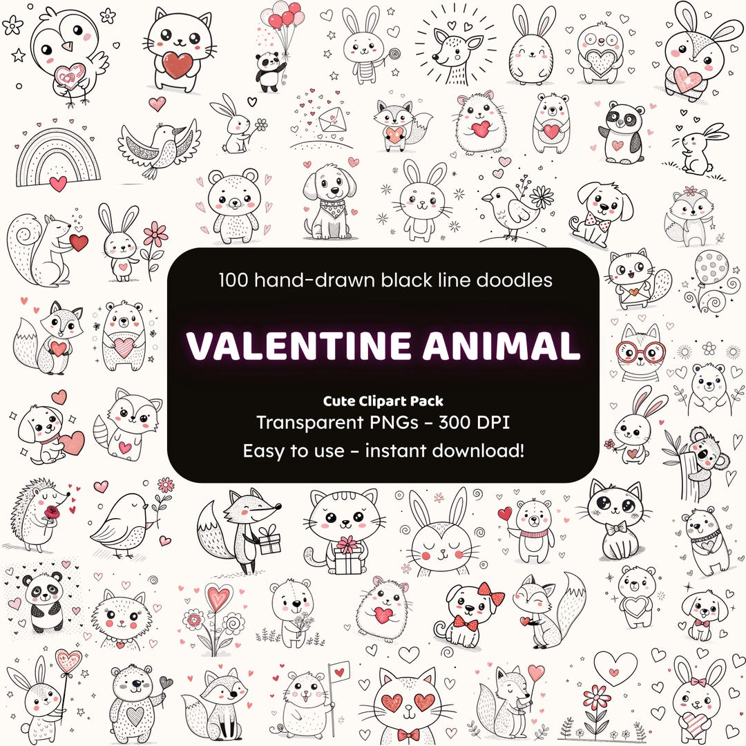 Valentine Animal Clipart | 100 Hand-drawn Doodle Pngs, Black Line Icons ...