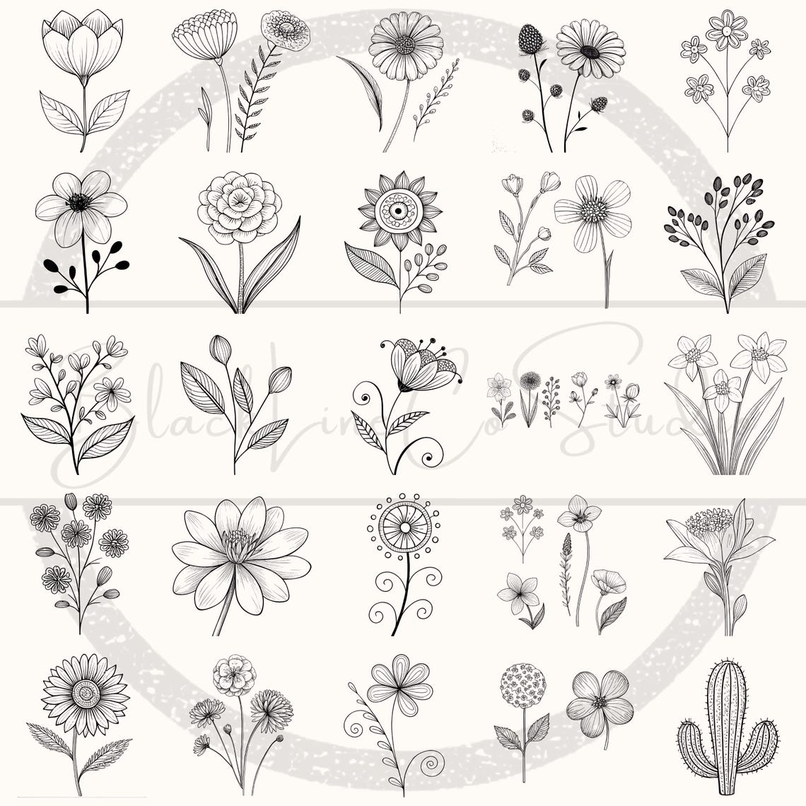 Botanical Flowers Doodle Clipart | 100 Hand-drawn PNG Icons | Black ...