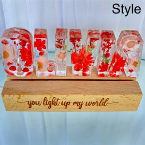 Custom Name Lamp, Handmade Personalized Resin and Natural Flowers Light ...