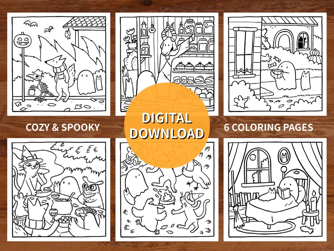 Cute Cozy Halloween Coloring Page in Comic Illustration Style | Digital ...