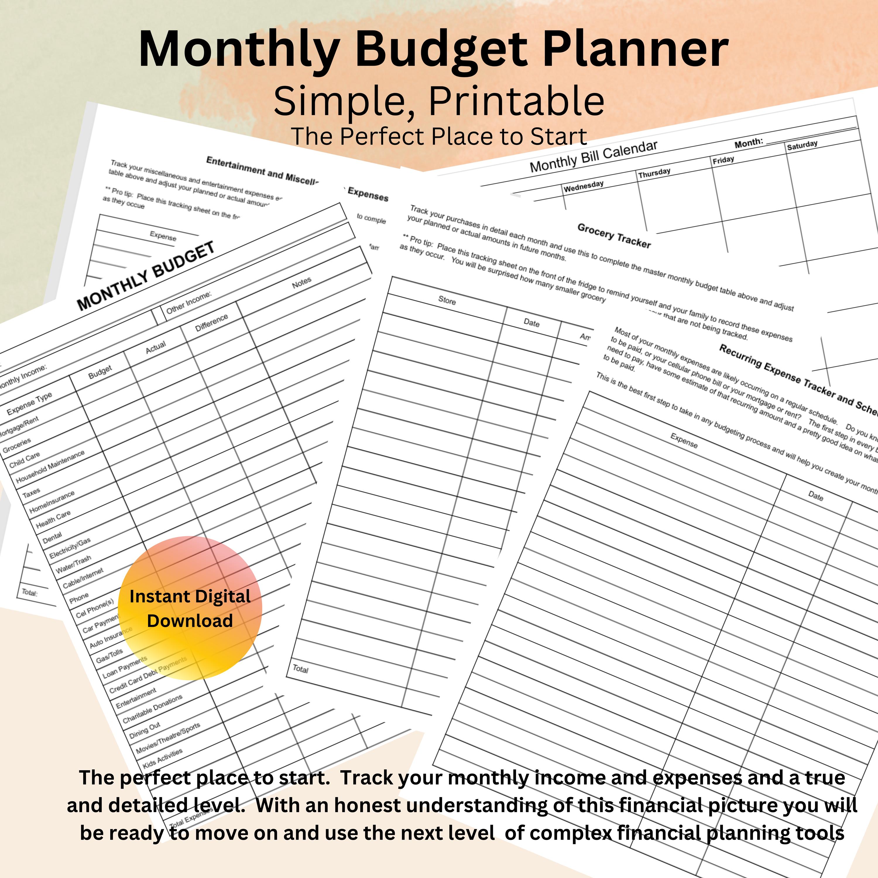 Monthly Budget Planner, Simple, Printable, Financial Plan, Paycheck ...