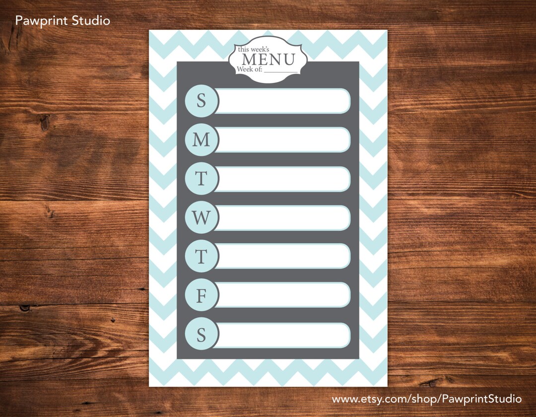 INSTANT PRINTABLE Weekly Menu Planner - Aqua/gray - Etsy