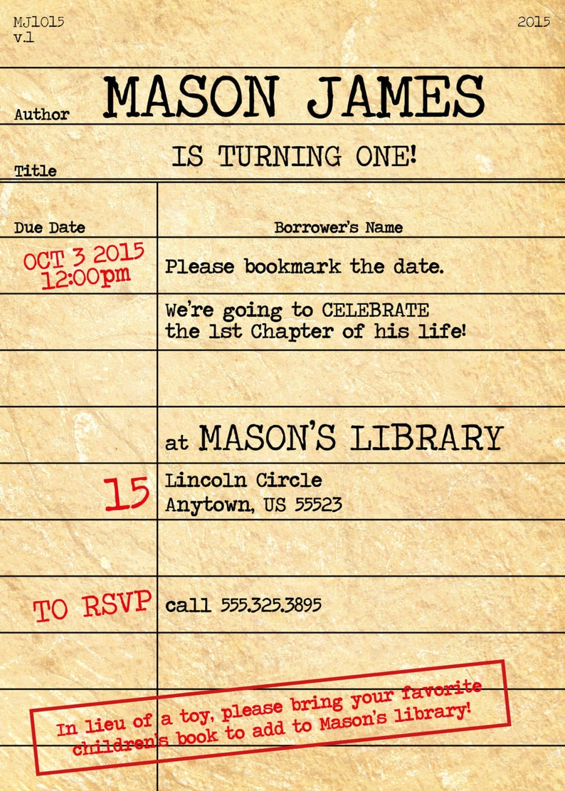 CUSTOM PRINTABLE Invitation: Library Card Birthday Invitation ...
